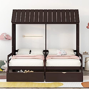 Merax Twin House Shared Bed Frame for Kids, Twin Twin Platform Bed with Drawer, Storage Playhouse Bed Frame with Roof and Fence for Living Room Bedroom