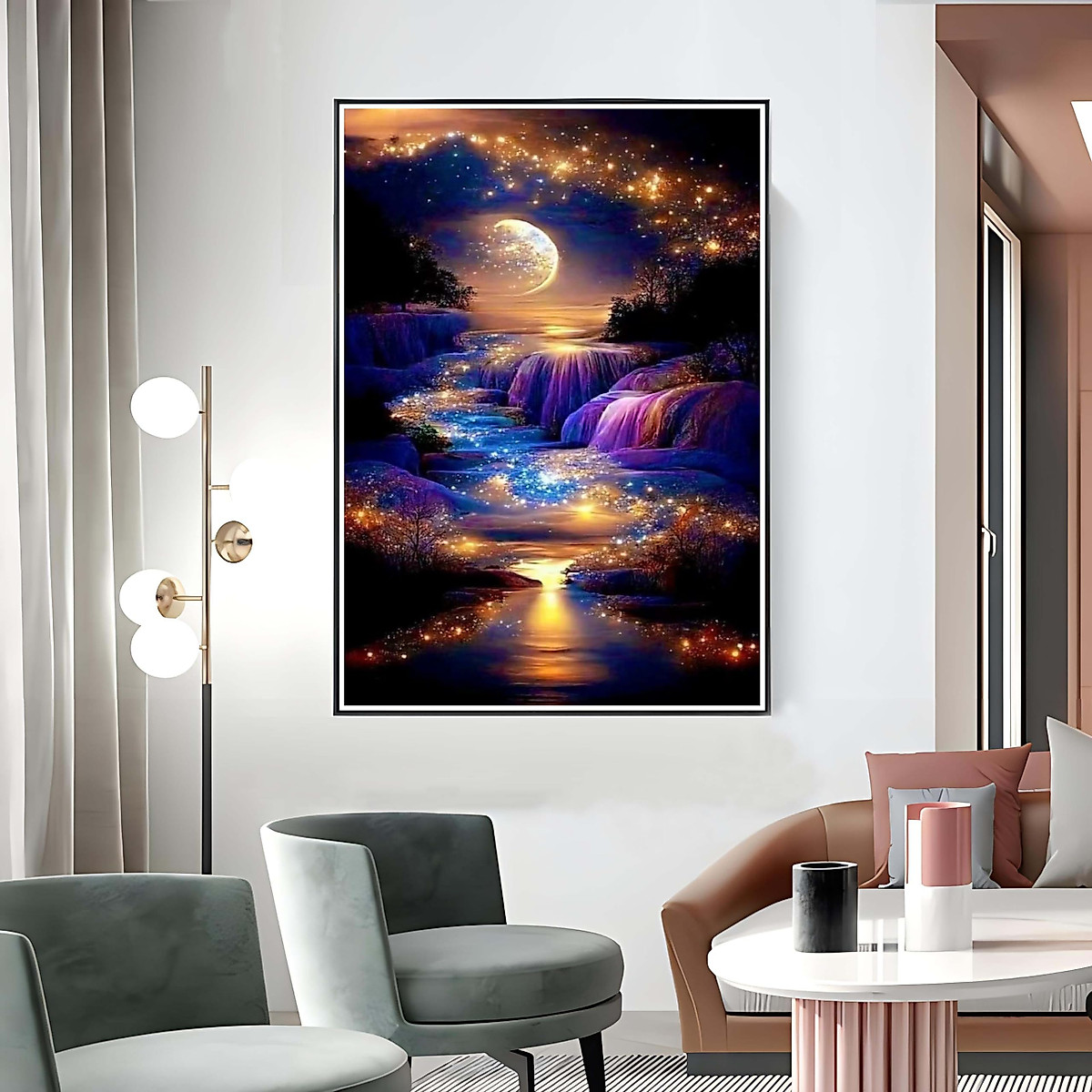 Waterfall Landscape Diamond Art Kits For Adults,DIY Moonlight Diamond Painting Kits For Adults Beginners,5D Full Drill Diamond Dots With Diamond Gem Art And Crafts For Home Wall Decor 12x16inch
