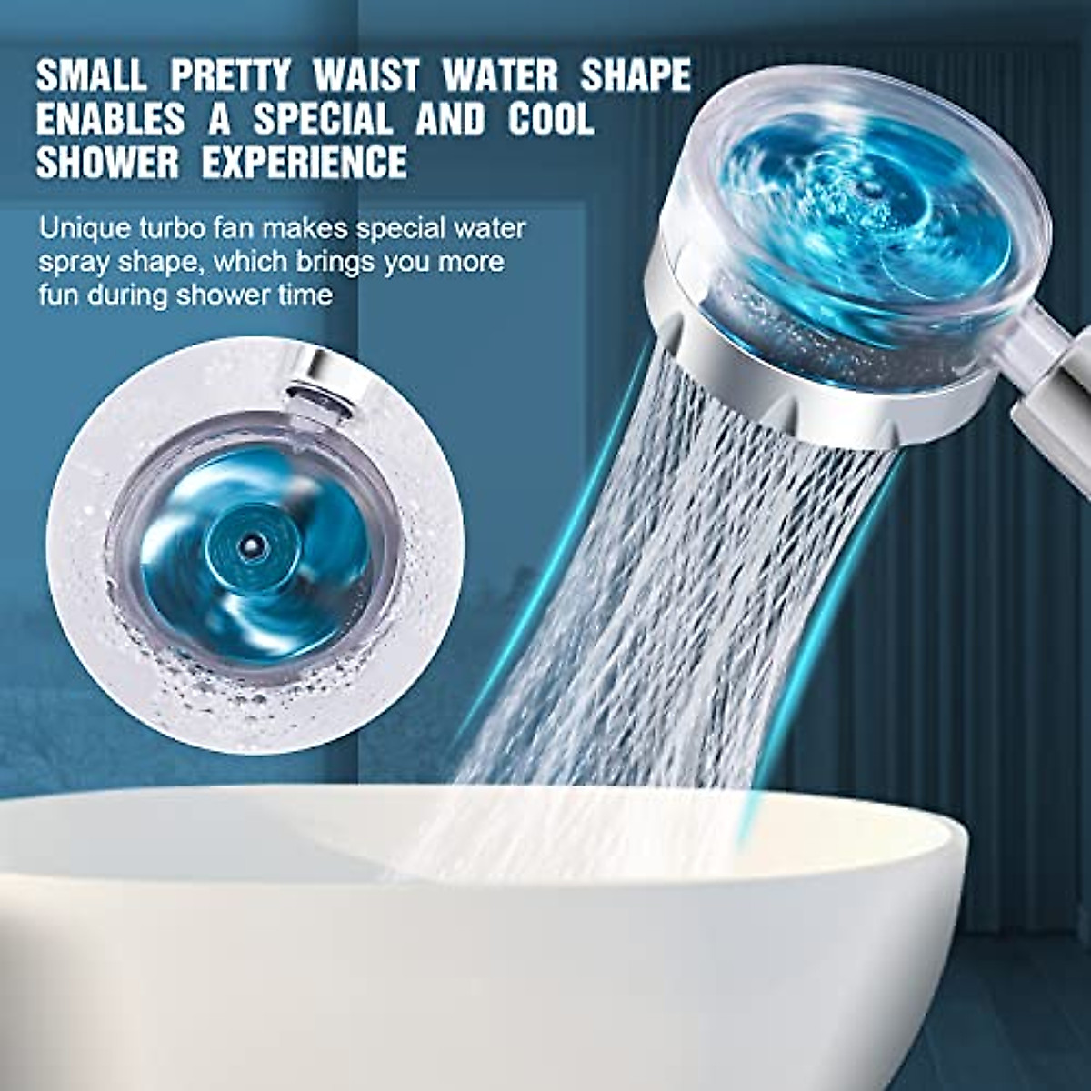 High Pressure Shower Head, Turbo Fan Vortex Shower Head Hydro Jet Handheld Shower Head with Hose, Filtered Shower Propeller, 360 Degrees Rotating, One Key Pause Switch, Filtration Mineral Stone Beads