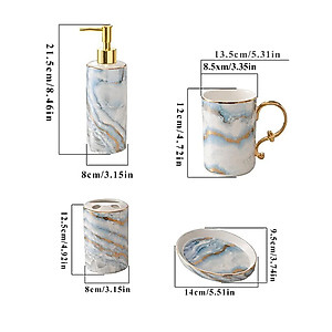 Soap Dispenser Ceramic Bathroom Accessories Set - 5 Pieces Bath Accessory Sets - Soap Dispenser Toothbrush Holder Soap Dish and Mouthwash Cup with Gold Rim Handles Soap Dispenser for Bathroom Kitchen