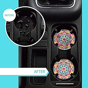 LotFancy 4 Pack Car Coasters Ceramic, Boho Absorbent Car Cup Holder Coasters, 2.56inch, Mandala Style for Women Men, with Finger Notch & Cork Base, 4 Patterns