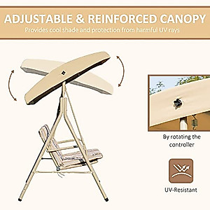 Outsunny 3-Seat Patio Swing Chair, Outdoor Canopy Swing Glider with Removable Cushion, Adjustable Shade and Weather Resistant Steel Frame, for Porch, Garden, Poolside, Backyard, Brown
