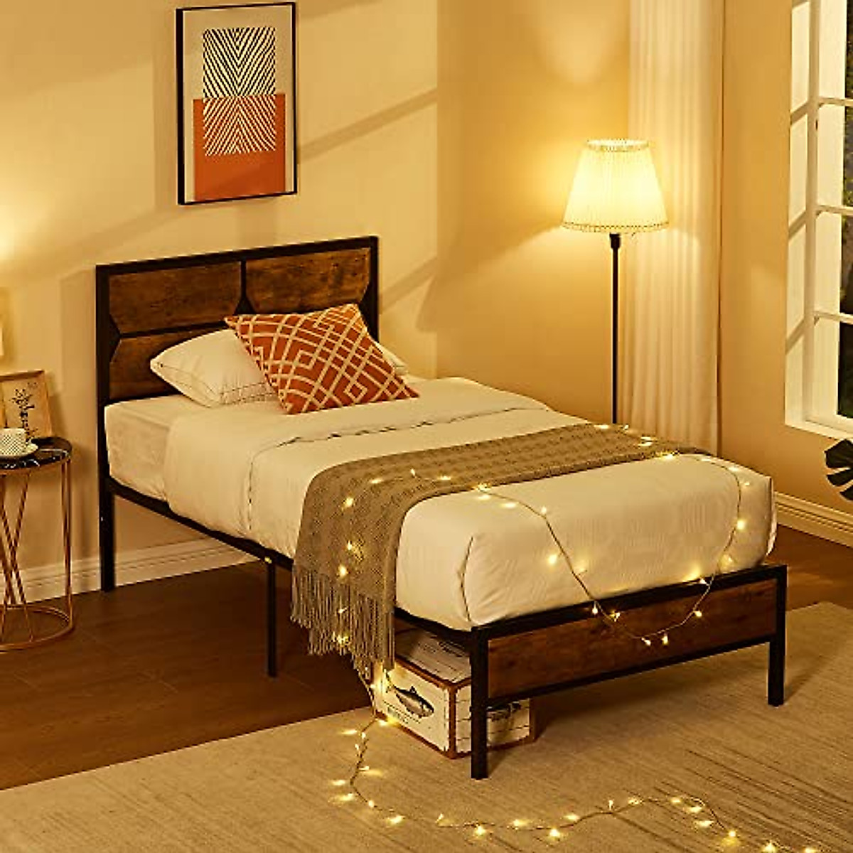 VECELO Twin Size Platform Bed Frame with Wood Headboard/Mattress Foundation/Premium Steel Slats Support/No Box Spring Needed,Brown(Modern)