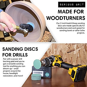 Serious Grit - 2-Inch Sanding Disc Assortment - 80 120 150 180 220 Grit (10/Each) Heavy-Duty Hook & Loop Film Discs - Sandpaper for Woodturning & Drill Attachment Sanding Pads - 50 Pack