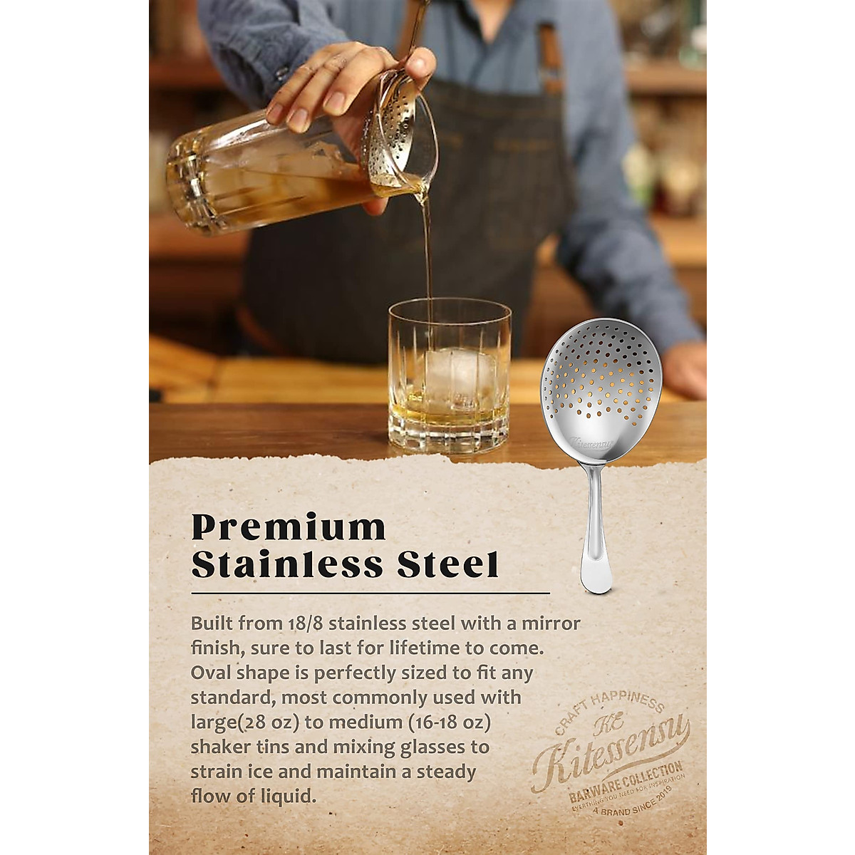 KITESSENSU Julep Strainer, Easy to Hold Stainless Steel Bar Strainer Cocktail, Cocktail Strainer Bar Tools for Professional Bartenders, Silver