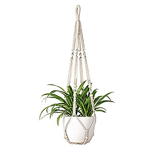 Mkono Macrame Plant Hanger Indoor Hanging Planter Basket with Wood Beads Decorative Flower Pot Holder No Tassels for Indoor Outdoor Boho Home Decor 35 Inch, Ivory (POTS NOT Included)