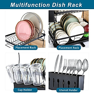 Johamoo Dish Drying Rack with Drainboard, 2 Tier Dish Rack for Kitchen Counter, Large Capacity Dish Drainer Set with Utensils Holder, Black