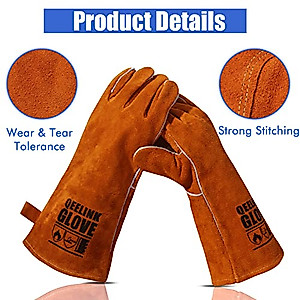 QeeLink Welding Gloves - Heat & Wear Resistant Lined Leather and Fireproof Stitching - For Welders/Fireplace/BBQ/Gardening, 16-Inch