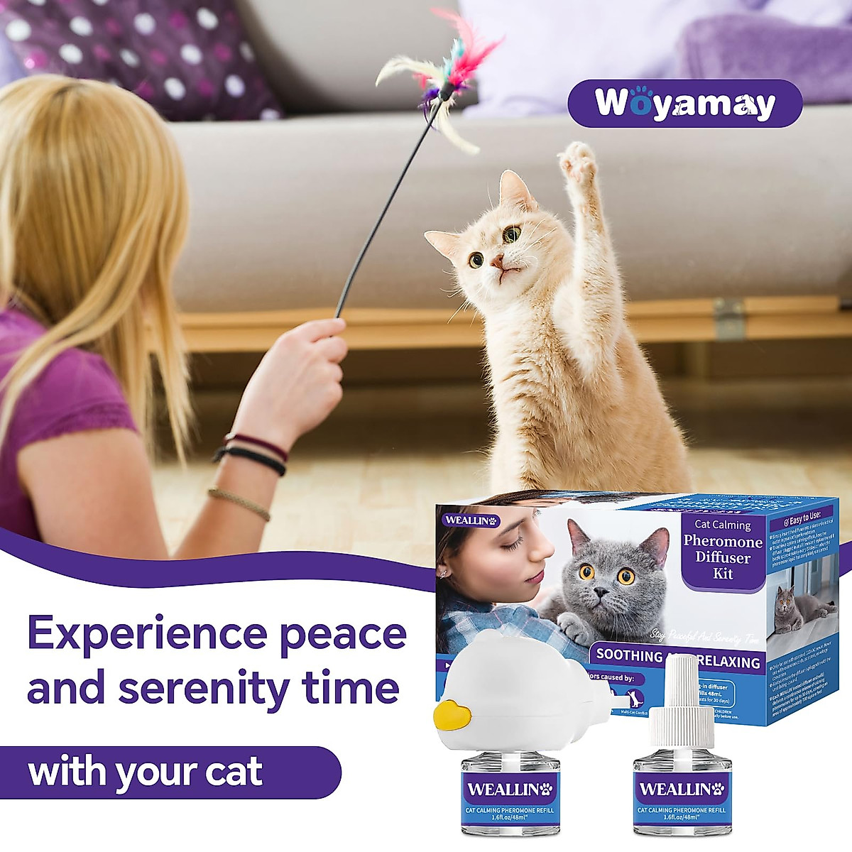 Woyamay Cat Calming Diffuser Kit - 3-in-1 Cat Pheromone Diffuser for Anxiety & Stress Relief-Includes 1 Diffuser and 2 Refill Vials (48ml Each)-Provides 60 Days of Comfort and Relaxation for Your Cat