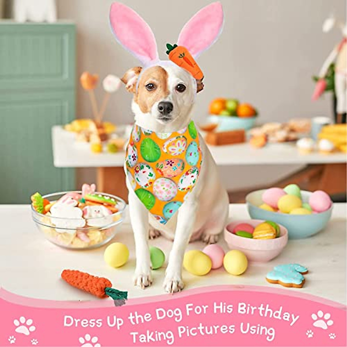 Dog Easter Costume Cute Bunny Ears Headband Easter Eggs Bandana Puppy Funny Rabbit Carrot Chew Toys 3Pcs Easter Party Gifts Medium Large Dog Easter Outfit Clothes Accessories (NO-LED)