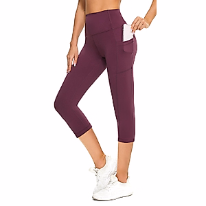 Sugar Pocket Women's High Waist Yoga Pants with Pockets?Workout Running Yoga Leggings for Women M, Dark Red Capri