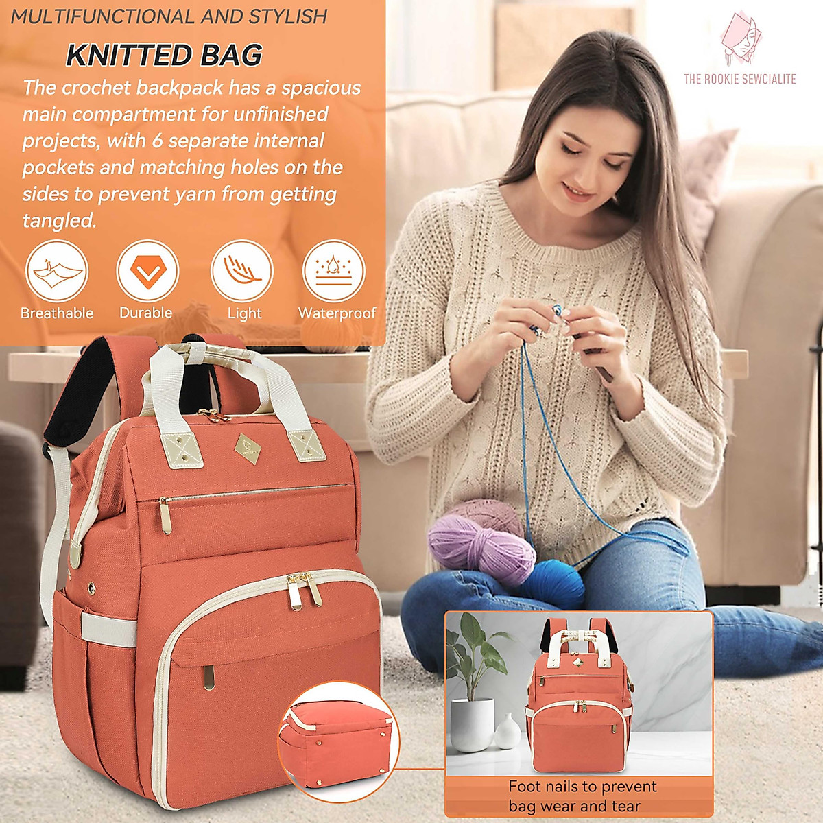 THE ROOKIE SEWCIALITE Crochet Knitting Organizer Waterproof Travel Bag Fashion Backpack for Yarn Storage, Crochet Holder, Knitting Accessories Storage Backpack for Travel