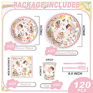 120PCS Fairy Party Supplies for Girls 1st 2rd First Birthday Fairies Enchanted Themed Baby Shower Party Decorations Garden flower Tableware Set Paper Plates Napkins Forks for 20 Guests
