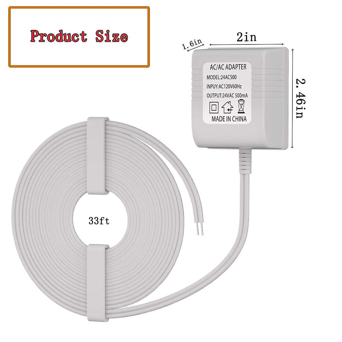 24V Doorbell Transformer 33FT Output Line for All Models of Ring Doorbells, Nest, Honeywell, Ecobee, Arlo, Wyze, Eufy （White），Reliable Power Supply for Smart Thermostats and Video Doorbells