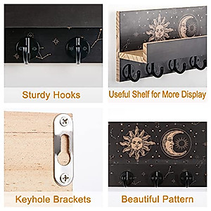 Key Holder for Wall, Patterned Key Hanger for Wall with Shelf, Decorative Key and Mail Holder with 5 Key Hooks for Entryway,Black Sun Moon