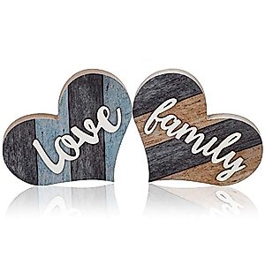 2 Pieces Rustic Wooden Sign Heart-Shaped Wooden Decoration Wooden Wall Decor Multicolor for Bedroom Kitchen Living Room Table Centerpiece Words (Family, Love)