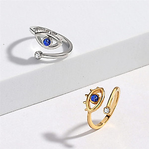 Yifnny Evil Eye Ring, Lucky Turkish Blue Evil Eye Ring Cubic Zirconia Adjustable Wrap Open Ring Hamsa Protection Eye Rings for Women (Gold 1)