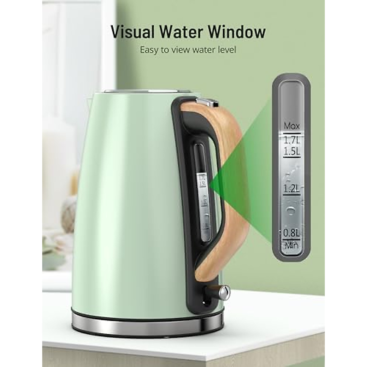 Paris Rhone Electric Kettle, Stainless Steel Electric Tea Kettle for Boiling Water, 1.7L Hot Water Boiler Heater, 1500W, Auto Shutoff, Boil-Dry Protection, LED Indicator, Coffee and Tea, Green