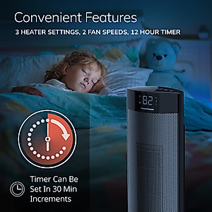Lasko Ellipse Ceramic Tower Heater for Home with Tipover Switch, Child Lock, Digital Display, Thermostat, Wide Oscillation, Remote, Timer, For Bedroom, Office, Living Room, Den, 1500W, Black, CT18950