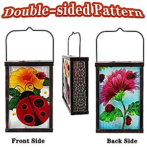 SUBOLO Hanging Solar Lantern Outdoor Garden Metal Glass Ladybug Pattern LED Light Solar Powered Waterproof Landscape Table Lamp for Patio, Yard and Pathway - 1 Pc