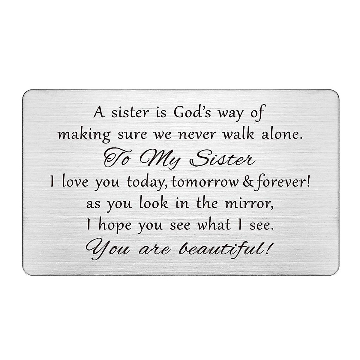 FALOGIJE Sister Gifts from Sister - Permanent Engraving Wallet Card, A Sister is God's Way of Making Sure We Never Walk Alone, Gifts for My Little Old Sister, Birthday, Mother's Day