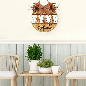 Thanksgiving Door Sign Wreath Welcome Fall Door Sign 12in Wooden Autumn Sign with Bowknot Fall Gnomes Decoration for Home Front Door Porch Thanksgiving Hanging Sign