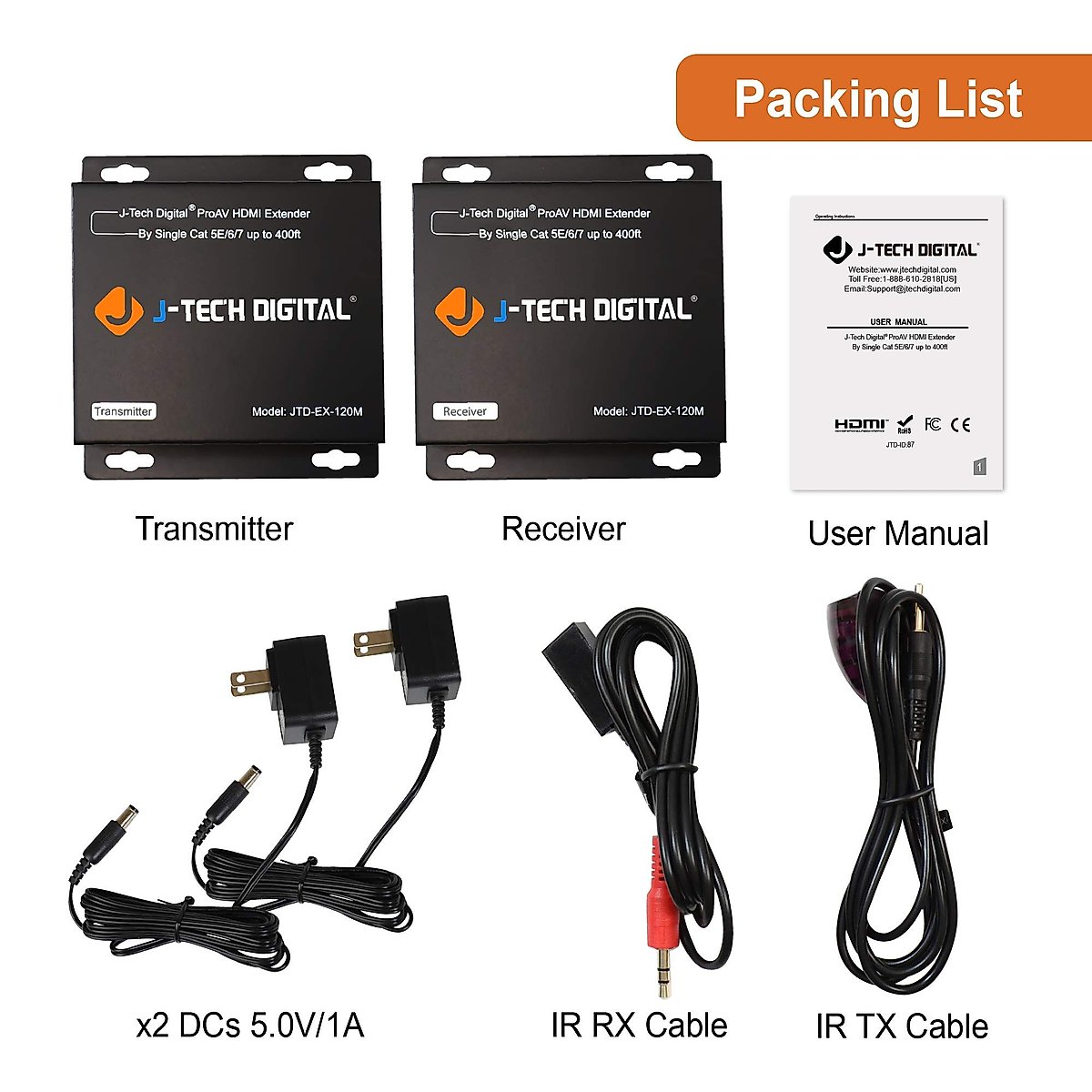 J-Tech Digital HDMI Extender Over Single Cat5e/6/7 HDMI Over Ethernet 1080p with IR Extension - Up to 400ft [TX + RX]