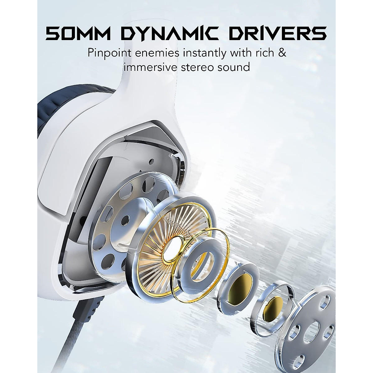 Black Shark Gaming Headset for PC, PS4, PS5, Xbox, Switch, All-in-1 Gaming Headphones with Ultra-Clear Bendable Mic, 50mm Dynamic Drivers, Noise Isolation Ear Cushions, in-line Controls - White