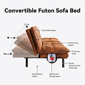Hcore Convertible Futon Sofa Couch,3” Memory Foam Splitback Sofa,Brown Faux Leather Memory Foam Loveseat,Small Euro Lounger Sofa for Compact Living Spaces,Apartment,Studio,Office/Cushion Thickening