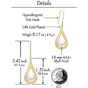 Big White Pearl Dangle Pierced Earrings for Women (White-14K Gold)