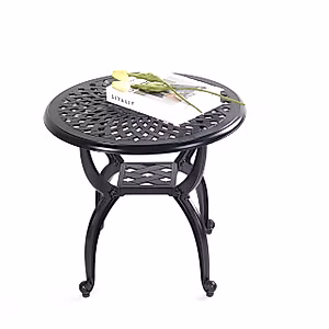 Mandolin Outdoor Patio Table,Rust -Resistant Cast Aluminum Side Table,Weather Resistant End Table，Coffee Table， Perfect for Patio, Backyard Or Garden.W 20.8" X H18.5(Aluminum Round, Black)
