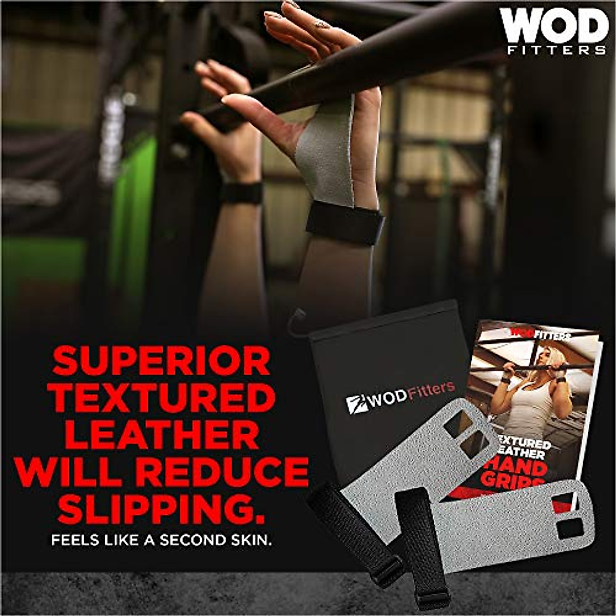 WODFitters Textured Leather Hand Grips for Cross Training, Kettlebells, Powerlifting, Chin Ups, Pull Ups, WODs & Gymnastics - with Grips Storage Pouch (Black, Small - Fits up to 4")