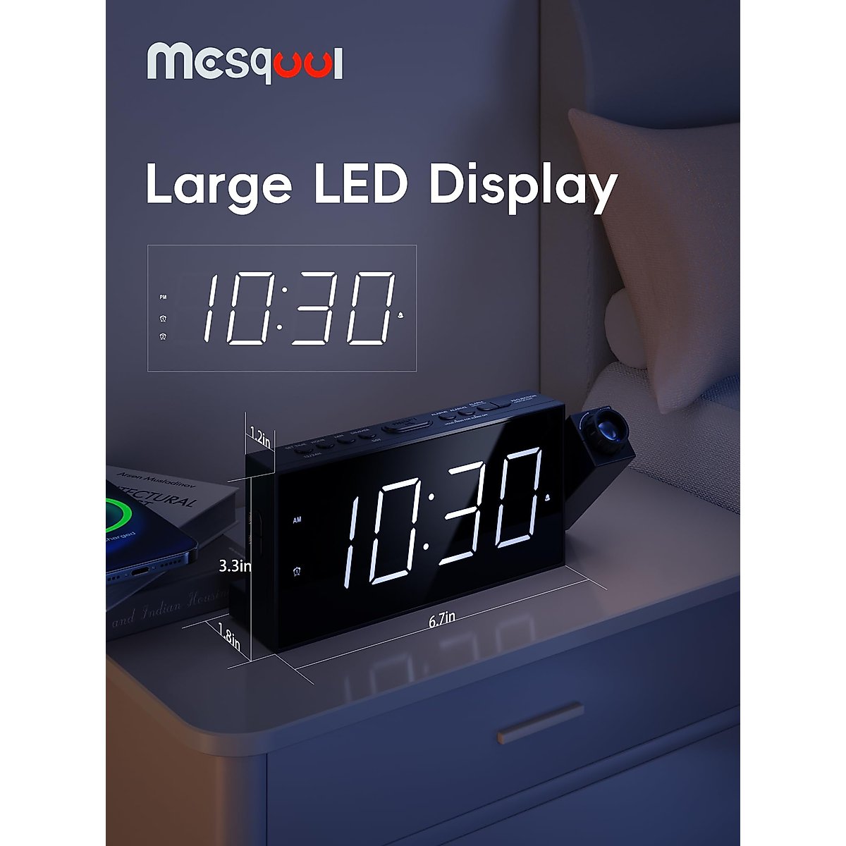 Projection Digital Alarm Clock with Bed Shaker for Bedroom, Extra Loud Alarm Clock for Heavy Sleeper, 180° Rotable Ceiling Projector Clock,2 Alarm,5 Dimmer Volume,USB Charger, Battery Backup,12/24H…