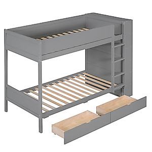 Harper & Bright Designs Twin Over Twin Bunk Beds with Storage Drawers & Bookshelves, Wood Bunk Bed Frame with Guardrails & Ladder for Kids, Teens, Adults (Gray)