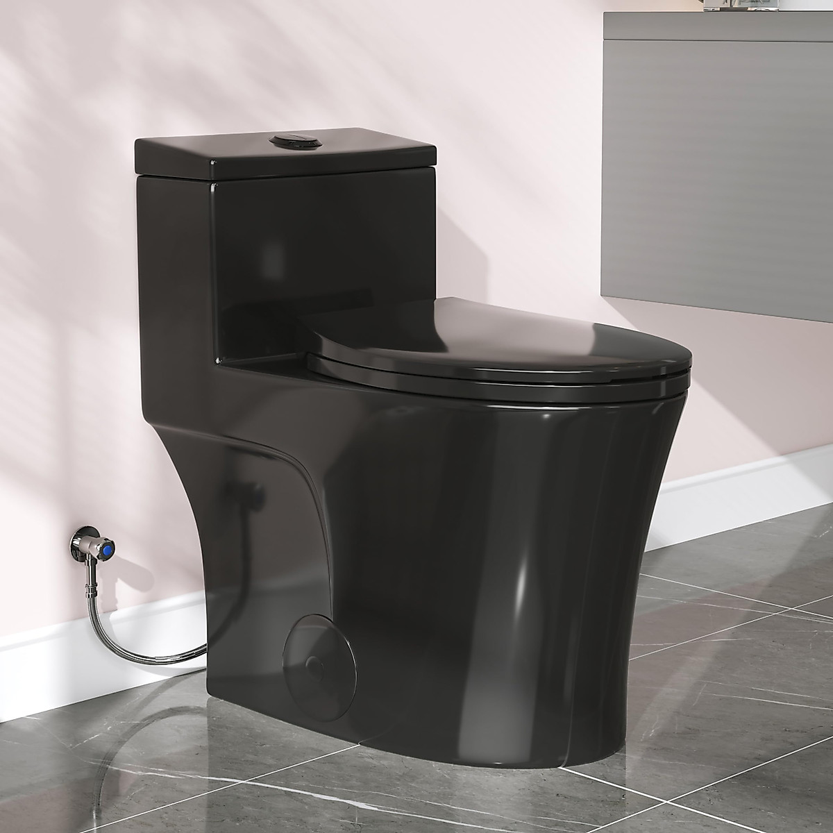 HOROW T0338WB Elongated One Piece Toilet Black, Compact Modern Toilet with Comfortable Seat Height, ADA Chair Height 17.3", Power Dual Flush 0.8/1.28 GPF & MAP 1000g, Matte Black, 12" Rough-in