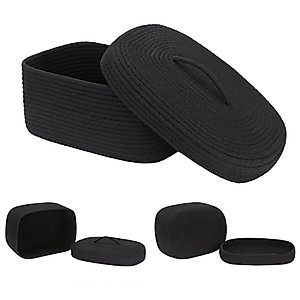 Sea Team Oval Cotton Rope Storage Basket with Lid, Lidded Woven Storage Bin, Nursery Storage Container, Diaper Caddy, Baby Shower Basket, Box, Organizer, 15 x 11 x 6.5 Inches (Medium, Black)
