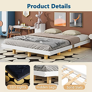 Dolonm Queen Size Bed Frame, Floating Bed Frame with LED Lights, Modern Low Profile Platform Bed Frame, Solid Pine Wood Slats Support, Noise Free, No Box Spring Needed, Easy Assembly, White