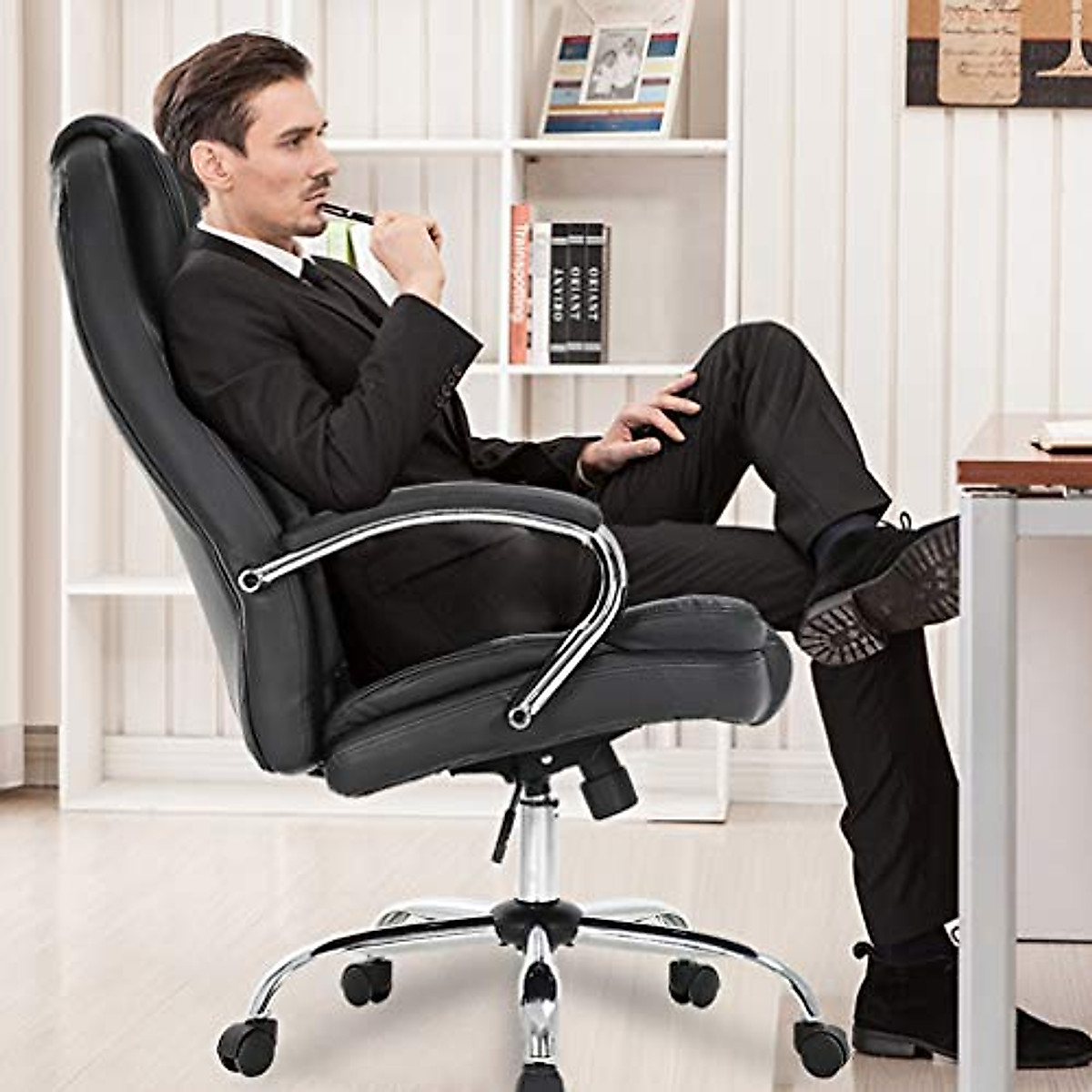 Ergonomic Office Chair Desk Chair PU Leather Computer Chair Executive Adjustable High Back PU Leather Task Rolling Swivel Chair with Lumbar Support (Black)
