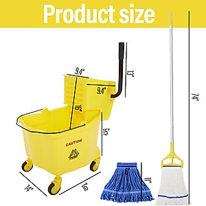 YUJOIBAN Mop and Bucket with Wringer Set - 35QT Commercial Mop Bucket with Side Press Wringer on Wheels and Industrial Mop, Heavy Duty Floor Cleaning Mop Bucket Set for Home, Shop, Restaurant, Mall