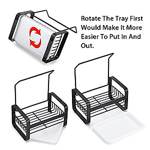 JUXYES Stainless Steel Sponge Holder with Dishcloth Drying Rack, Kitchen Sink Organizer Caddy Tray Sponge Brush Soap Holder with Removable Drain Tray for Kitchen (S, Black)