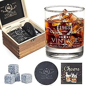 60th Birthday Gifts for Men Whiskey Glass Set - 60th Birthday Decorations, Party Supplies - 60 Year Anniversary, Bday Gifts Ideas for Him, Dad, Husband, Friends - Wood Box & Whiskey Stones & Coaster