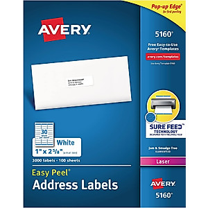 Avery Easy Peel Laser Labels, 1" X 2-5/8", White, 3000 Labels/Box (5160)