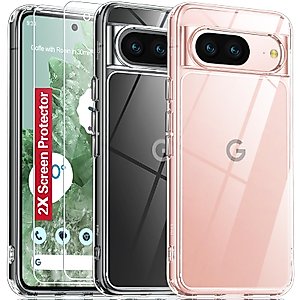 Oterkin Google Pixel 8 Clear Case, 20X Anti-Yellowing, Built-in 4 Airbags, 10FT Military Protection, Tempered Glass Screen Protector, Slim Fit
