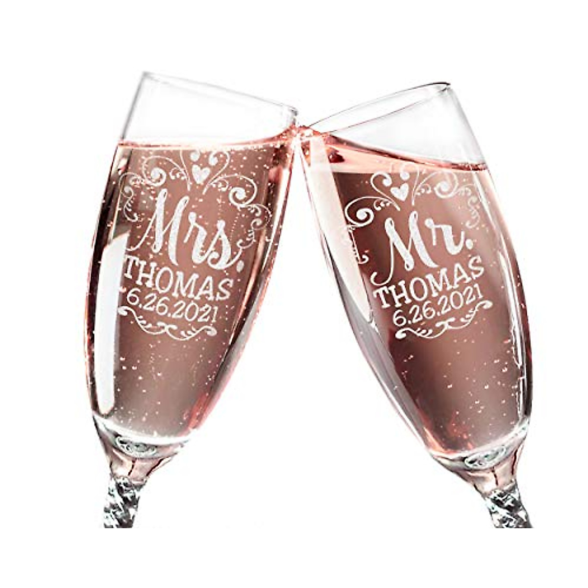 Mr Mrs Wedding Reception Celebration Twisty Stem Champagne Glasses Set of 2 Couples Newlywed Married Groom Bride Husband Wife Anniversary Engraved CLEAR Flute Glass Favors (Personalized)