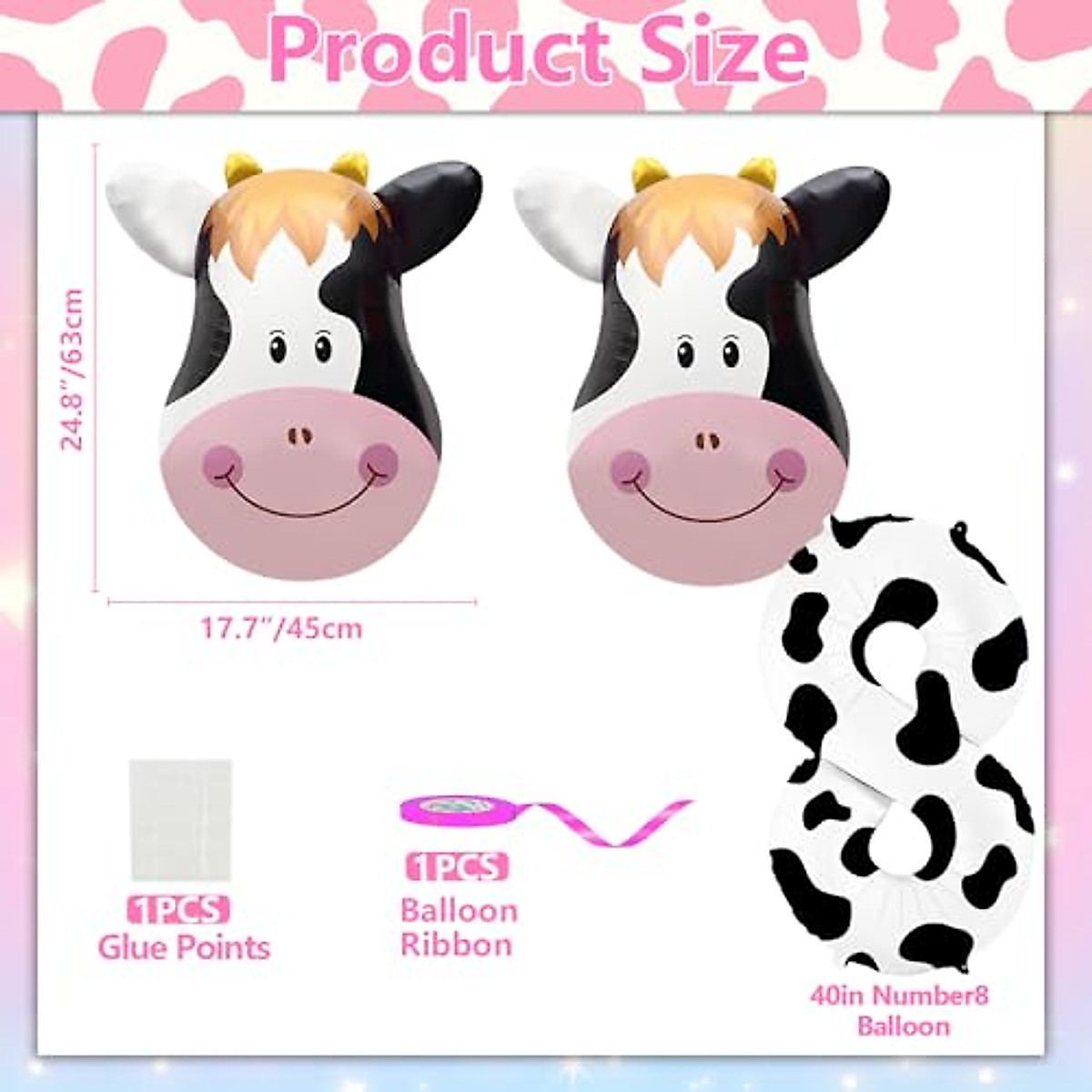 7Pcs Cow Balloons - Cow Print Balloon Huge Cow Head Foil Balloons Number 8 Balloon Cow Decorations for 8th Birthday Farm Animal Birthday Decorations Western Cowboy Theme Party Decoration