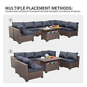 Valita 9-Piece Patio Rattan Furniture Set with Storage Table Outdoor Sectional Conversation Couch Brown PE Wicker Sofa with Washable Navy Blue Cushions