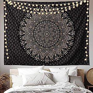 Edeesky Black Golden Mandala Tapestry Wall Hanging Psychedelic Medallion Wall Tapestry Aesthetic Indian Hippie Wall Decor Bohemian Wall Art Boho Home Decoration for Bedroom,Living Room,Dorm