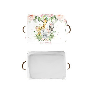 Safari Jungle Animal Floral Personalized Storage Bins Basket Cubic Organizer with Durable Handle for Shelves Wardrobe Nursery Toy 2 Pack