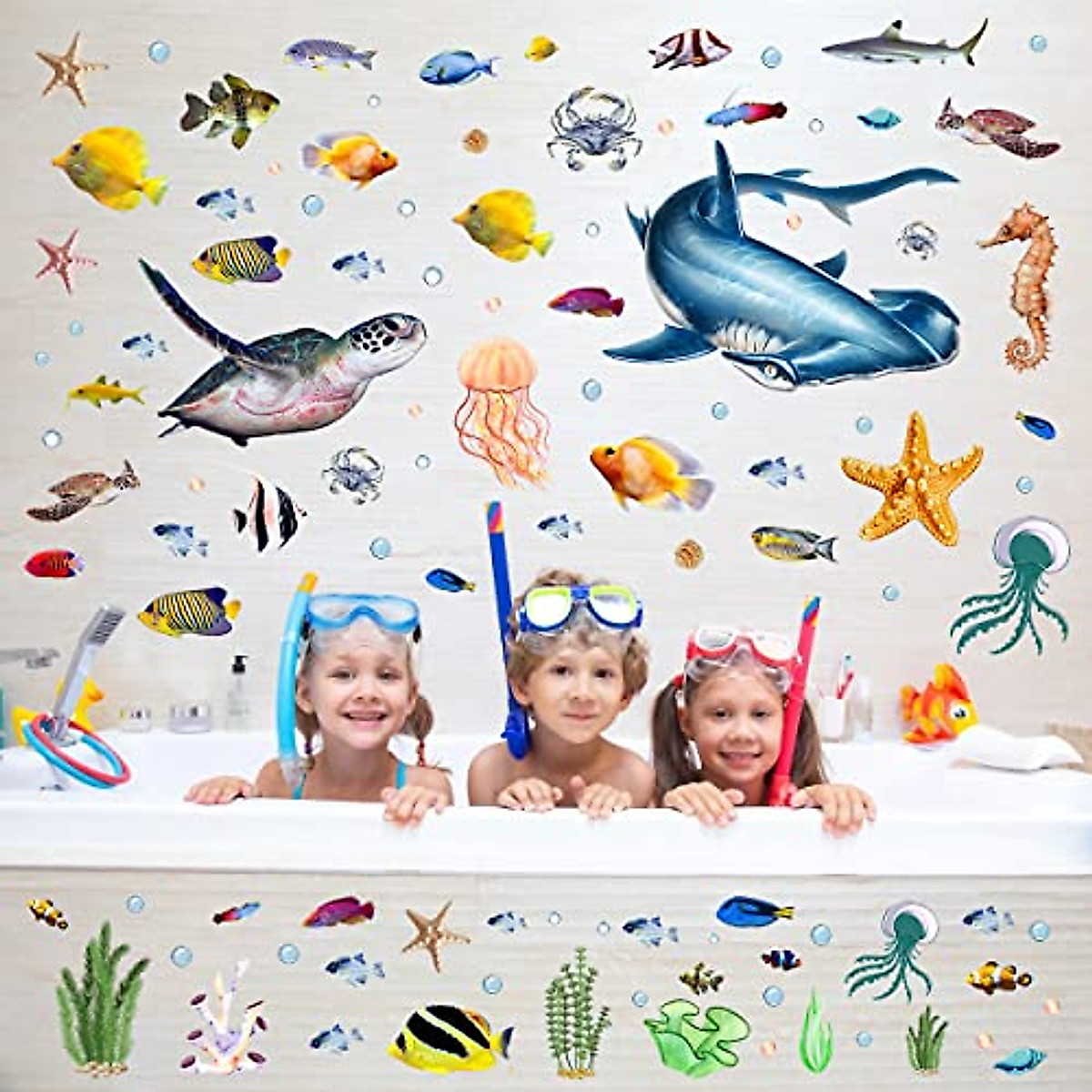 MEFOSS 142 PCS 3D Under The Sea Ocean Animals Wall Decal DIY Fish Dolphin Turtle Starfish Seaweed Shark Wall Stickers for Kids Room Playroom Nursery Classroom Bathroom Decor