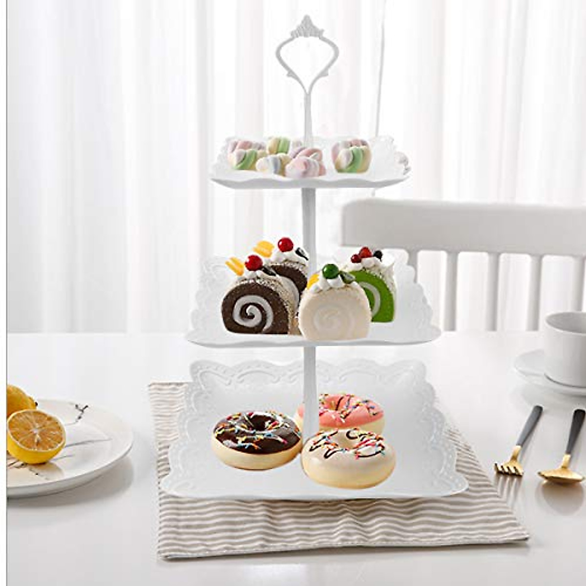 Doryum Three Tiers White Cake Display Stand with Fittings, Plastic Square Cake Stand Display Fruit Plate, Dessert Stand, Cupcake Stand Party Serving Platter Stand for Birthday Weeding Party